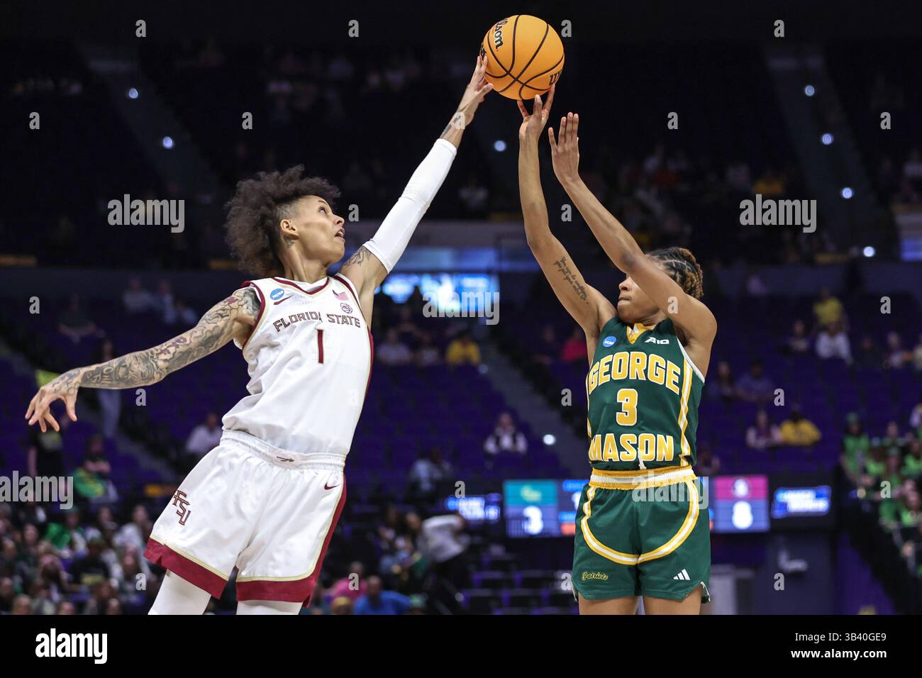 March 22, 2025: George Mason's Kennedy Harris (3) has her shot blocked ...