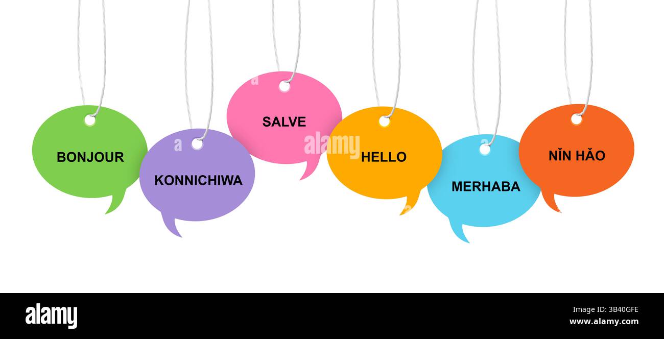 Paper speech bubbles with greetings in different languages hanging on ...