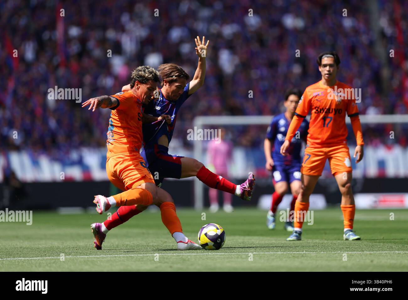 Ajinomoto Stadium, Tokyo, Japan. 29th Apr, 2025. (L to R) Matheus Bueno (S-Pulse), Kosuke Shirai ...