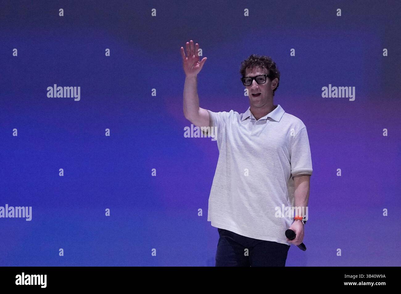 Meta Founder and CEO Mark Zuckerberg waves before speaking at LlamaCon ...