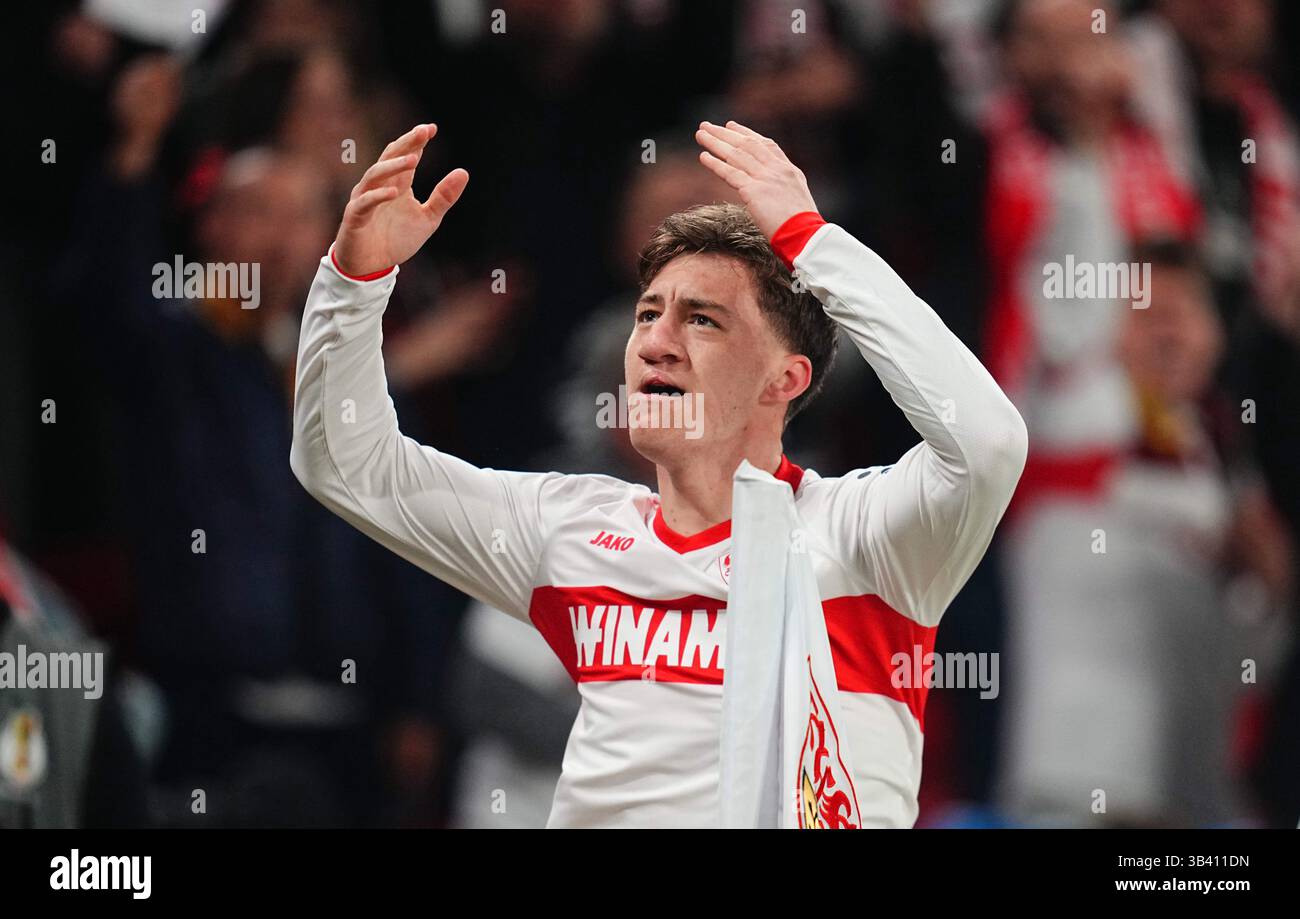 MHP Arena, Stuttgart, Germany. 02nd Apr, 2025. Angelo Stiller of VfB Stuttgart scores and ...