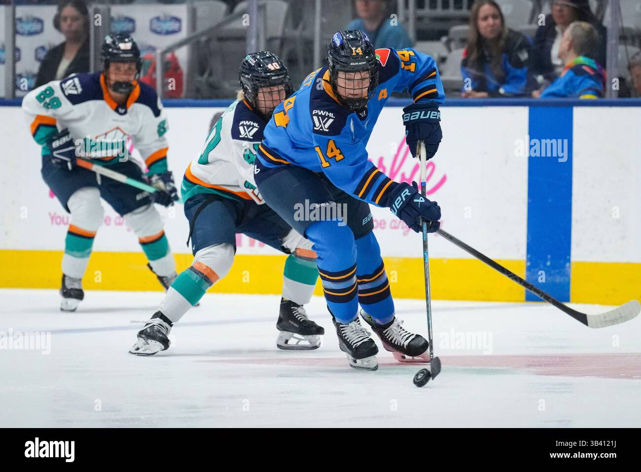 Toronto Sceptres Renata Fast (14) skates with the puck while being ...