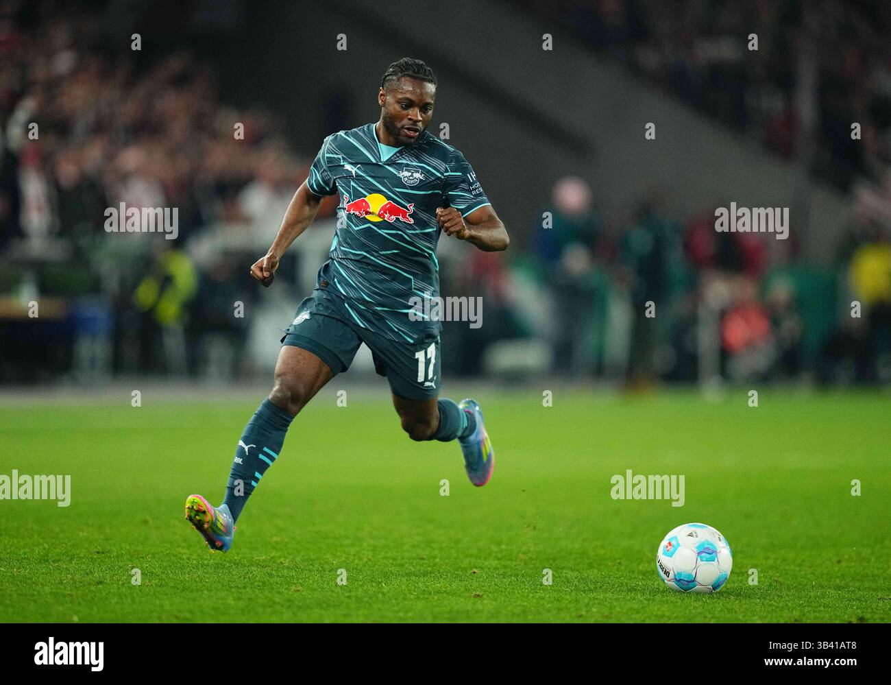 MHP Arena, Stuttgart, Germany. 02nd Apr, 2025. Ridle Baku of RB Leipzig controls the ball during ...