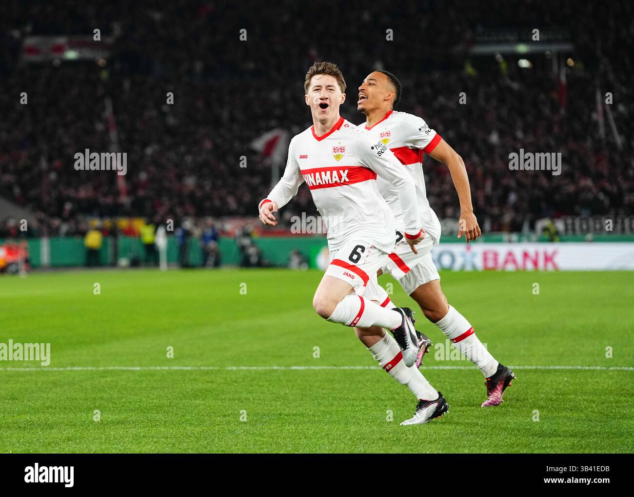 MHP Arena, Stuttgart, Germany. 02nd Apr, 2025. Angelo Stiller of VfB Stuttgart celebrate during ...