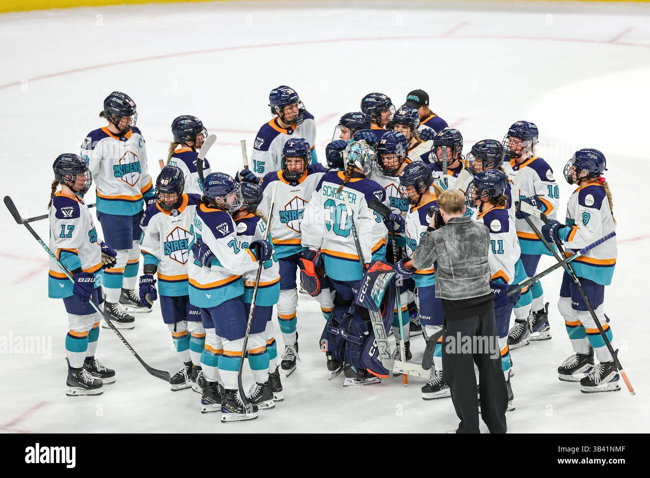 April 27th, 2025: The New York Sirens celebrate a win over Minnesota after a PWHL hockey game ...