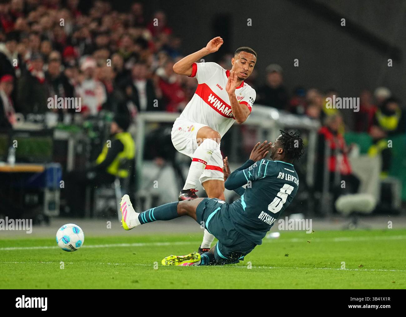 Stuttgart, Germany. 02nd Apr, 2025. April 02 2025: El Chadaille Bitshiabu of RB Leipzig and ...