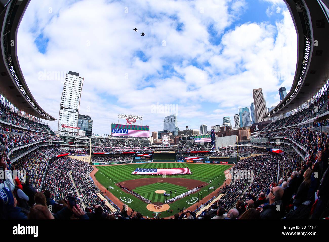 Minneapolis. 3rd Apr, 2025. a pair of F-16 fighter jets fly over Target ...