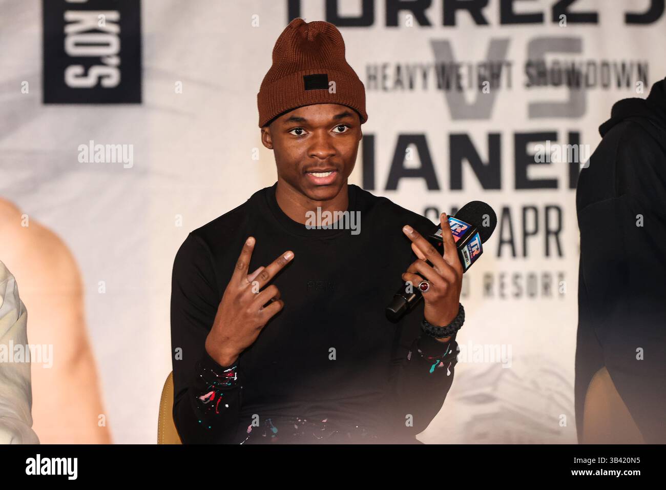 Las Vegas, NV, USA. 3rd Apr, 2025. Abdullah Mason speaks to media ...