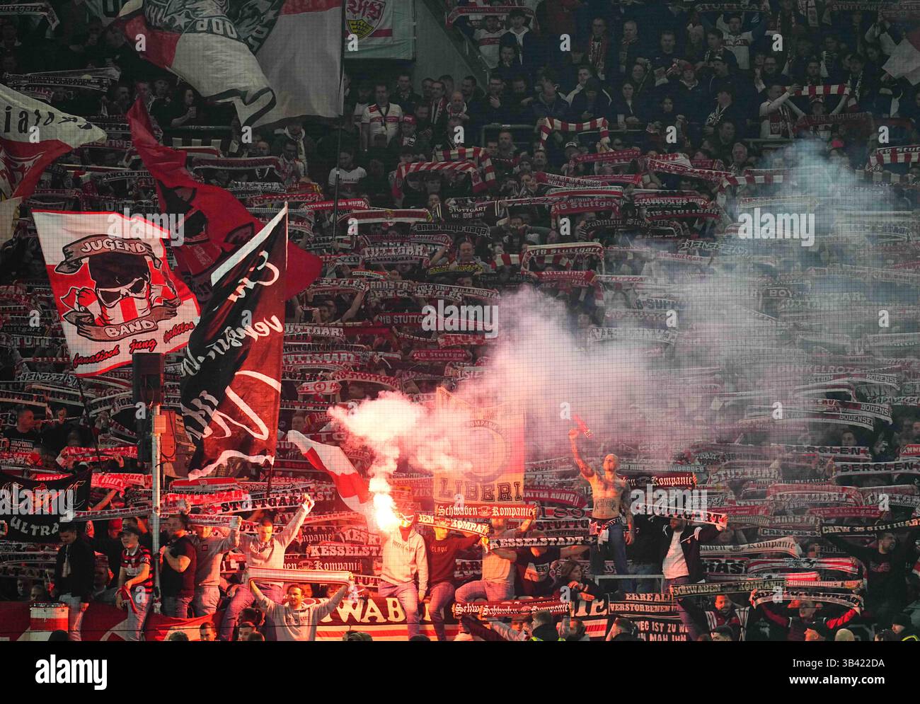 Stuttgart, Germany. 02nd Apr, 2025. April 02 2025: VfB Stuttgart fans during a DFB Pokal Semi ...