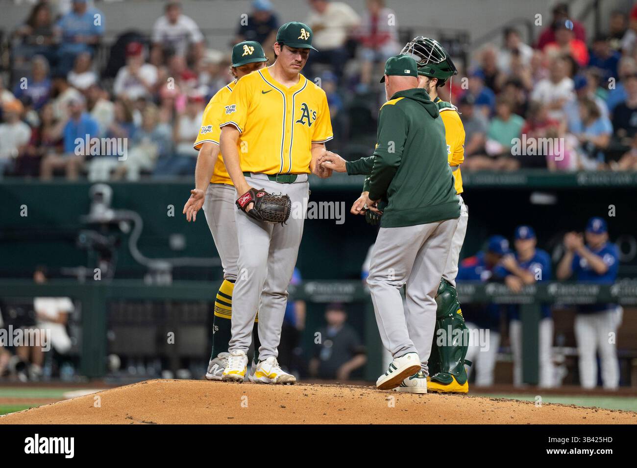 Athletics' Jacob Lopez is pulled during the third inning of a baseball ...