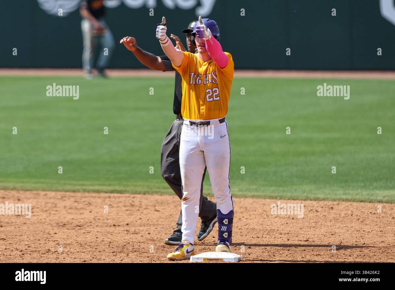 April 27, 2025: LSU's Jared Jones (22) celebrates to his dugout after ...
