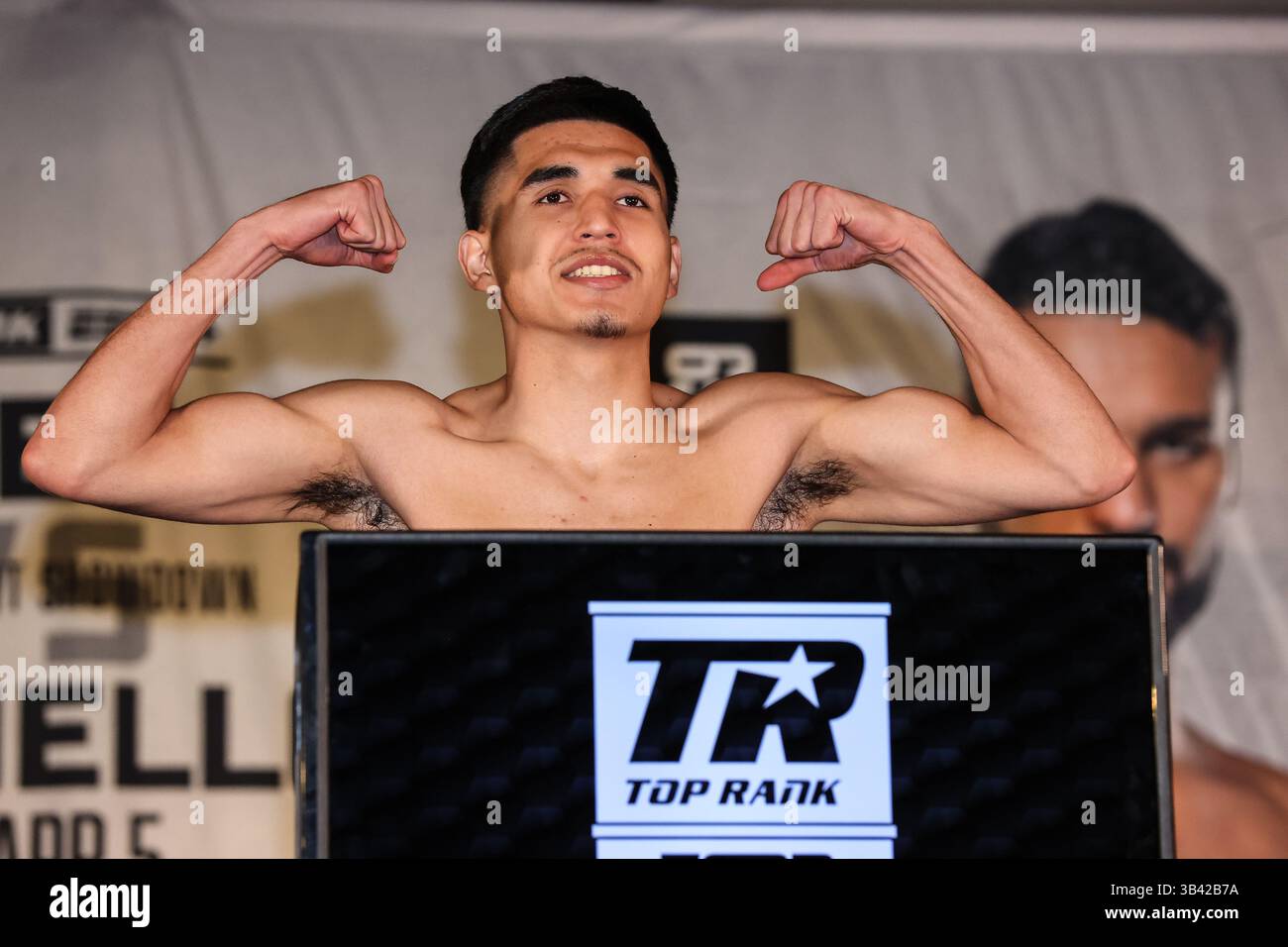 Welterweight Art Barrera Jr. 4th Apr, 2025. poses during weigh-ins ...