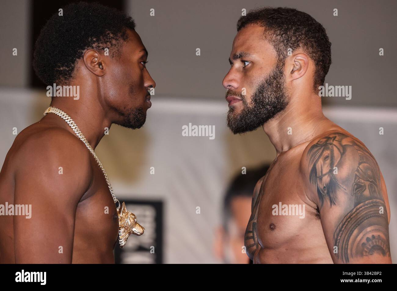 April 4, 2025: (L-R) Middleweights Jahi Tucker and Troy Williamson face-off during weigh-ins ...