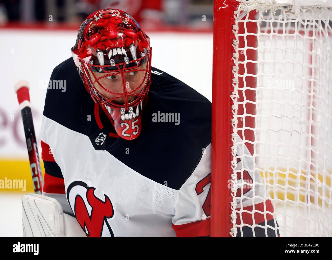 New Jersey Devils goaltender Jacob Markstrom (25) watches the puck ...