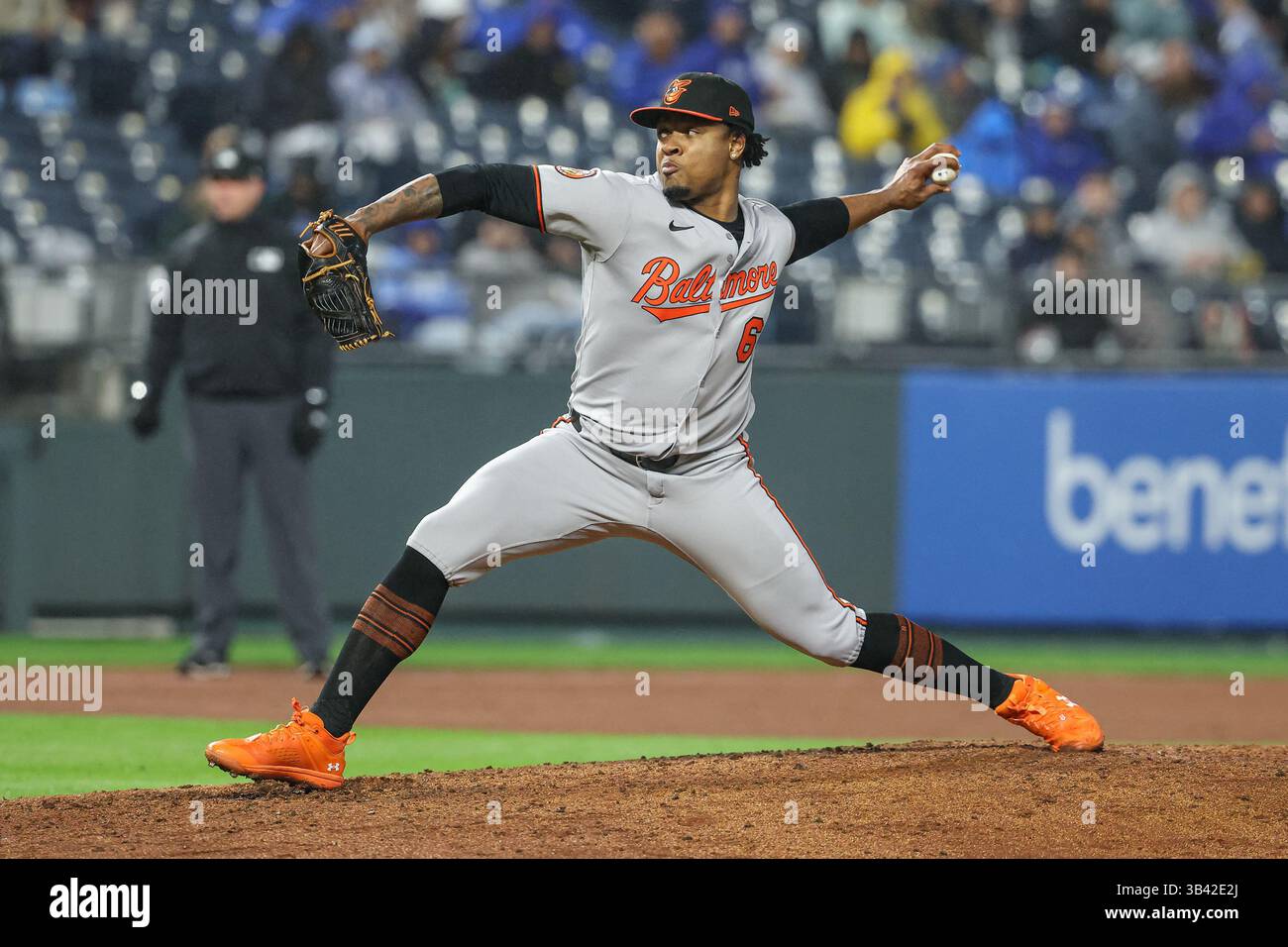 Kansas City, MO, USA. 4th Apr, 2025. Baltimore Orioles relief pitcher ...