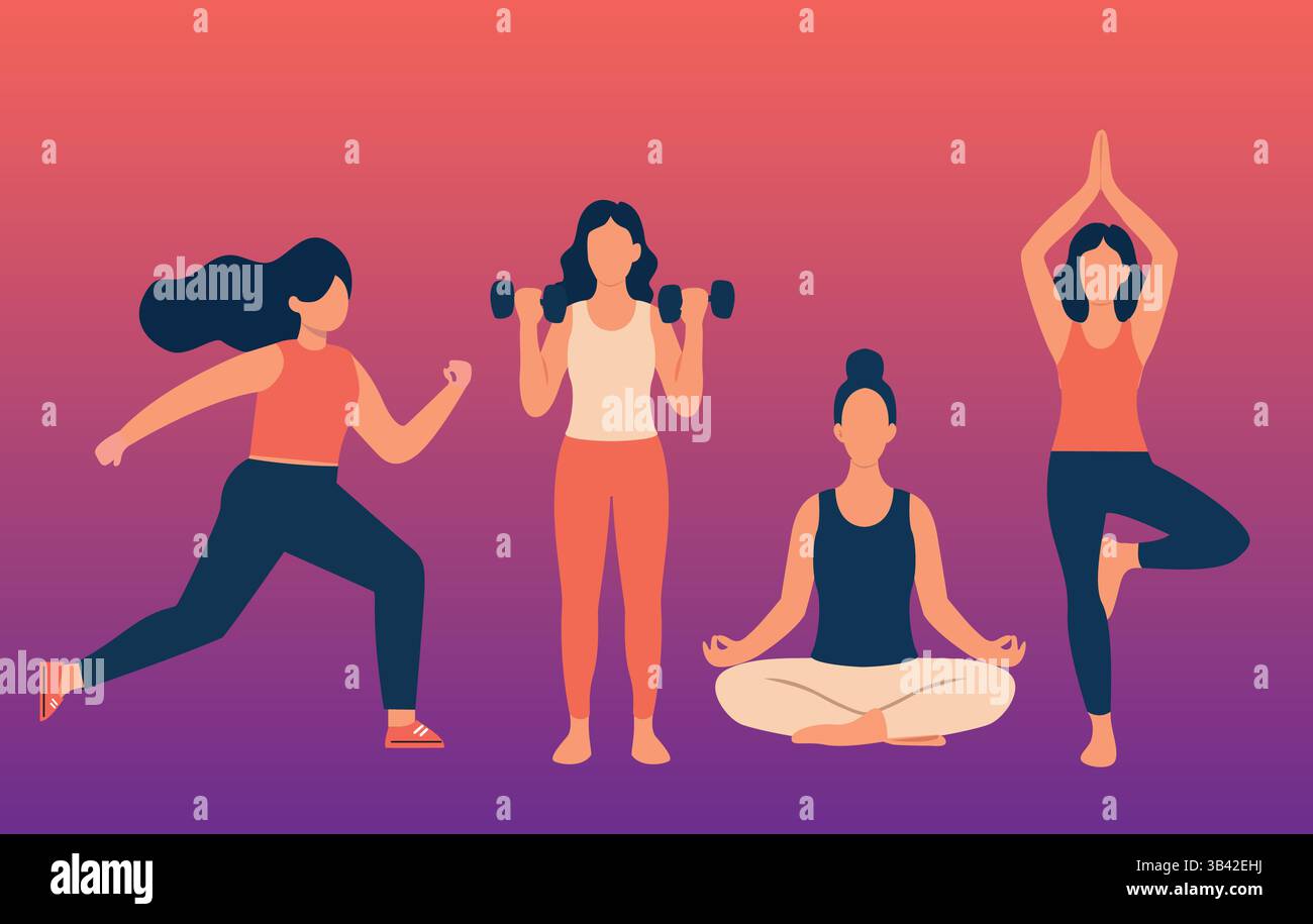 Diverse Women in Fitness: Cardio, Strength, Yoga, and Balance Vector ...