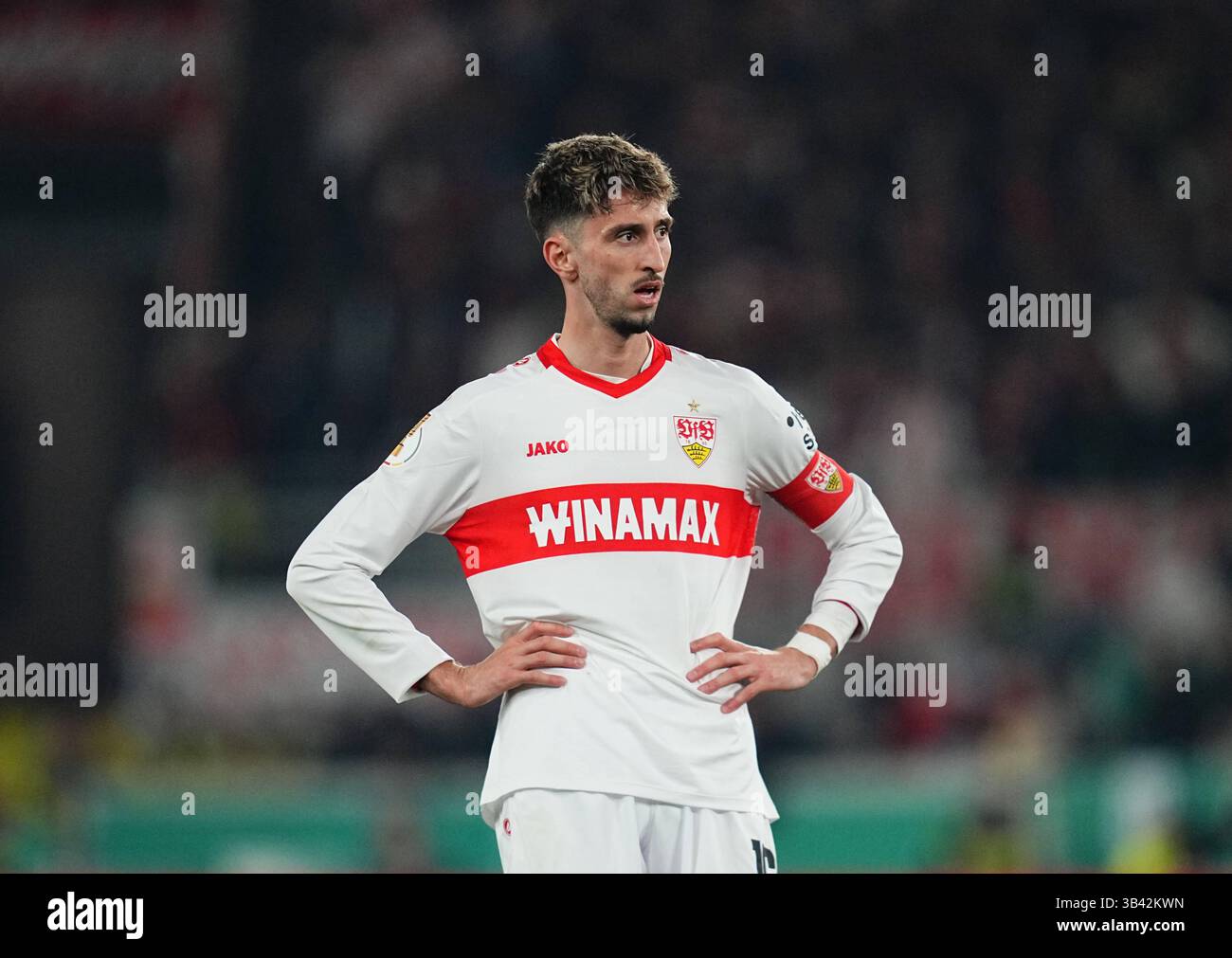 Stuttgart, Germany. 02nd Apr, 2025. April 02 2025: Atakan Karazor of VfB Stuttgart looks on ...