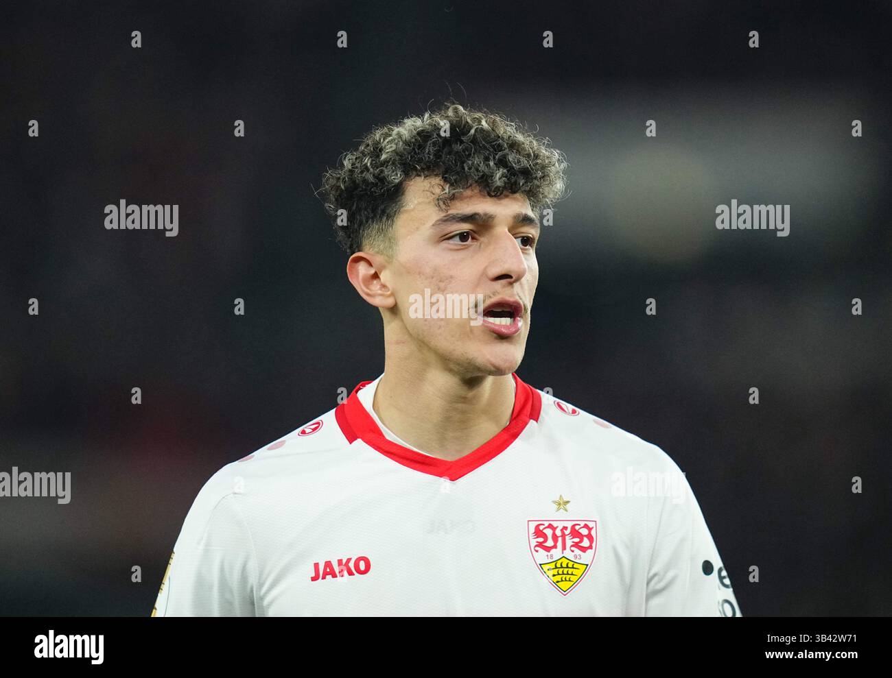 Stuttgart, Germany. 02nd Apr, 2025. April 02 2025: Ameen Al-Dakhil of VfB Stuttgart looks on ...
