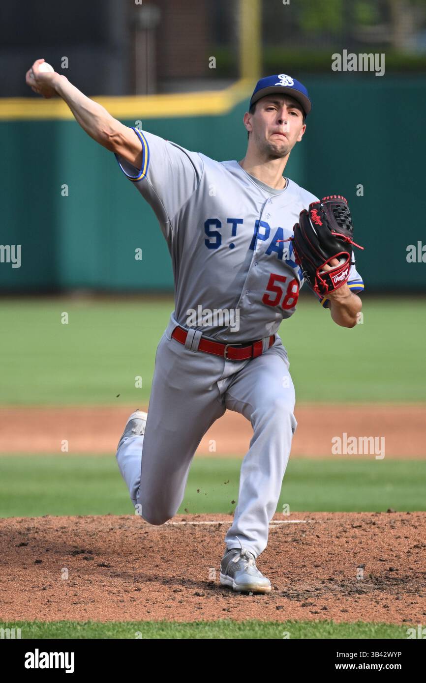 April 29, 2025: St. Paul Saints pitcher David Festa (58) pitches ...