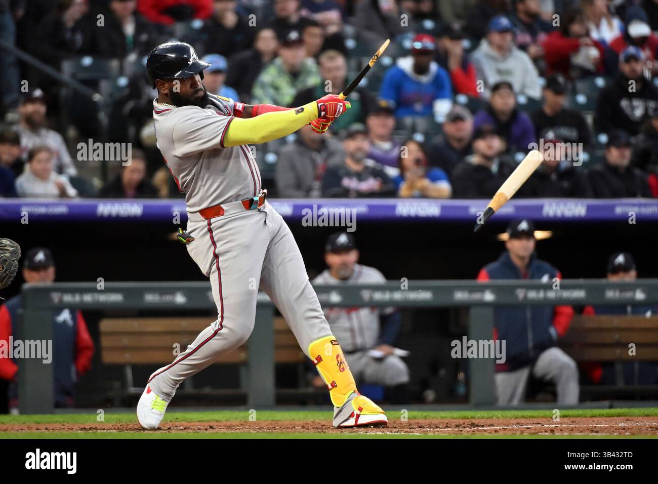 Atlanta Braves designated hitter Marcell Ozuna (20) breaks his bat on a ...