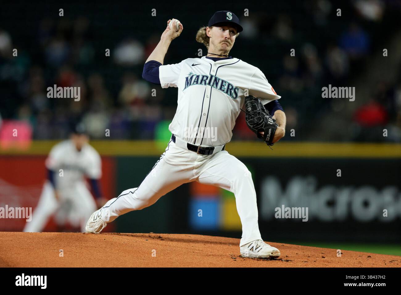 Seattle Mariners starting pitcher Bryce Miller throws to a Los Angeles ...
