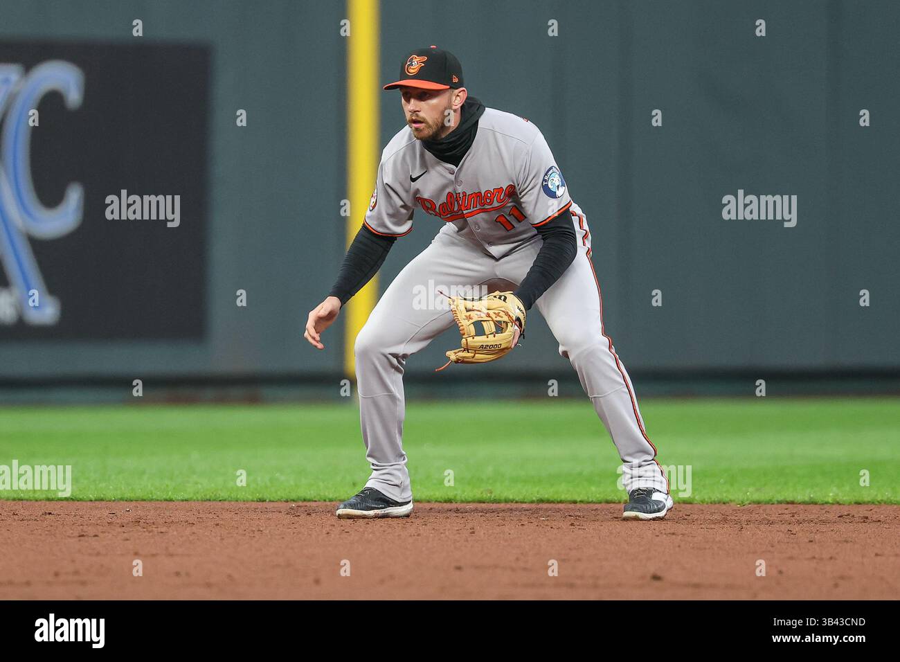 Kansas City, MO, USA. 4th Apr, 2025. Baltimore Orioles third baseman ...