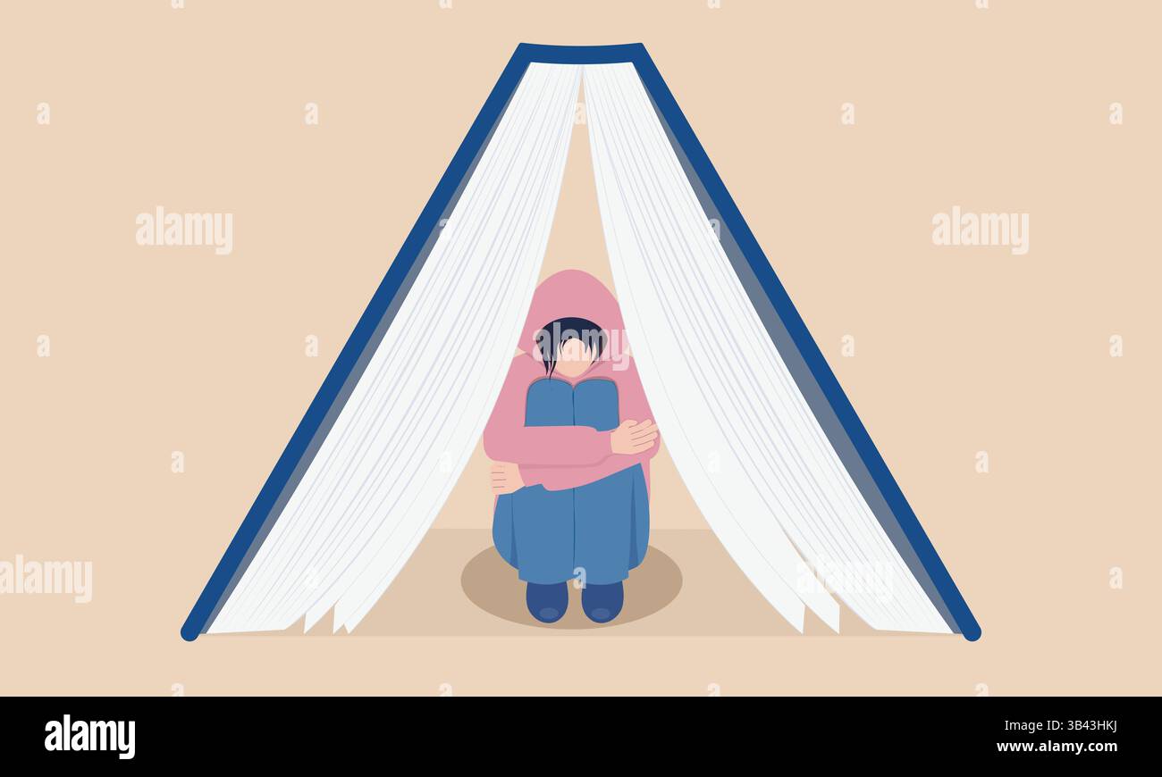 Flat minimalist illustration of lonely autistic child hiding in a book ...