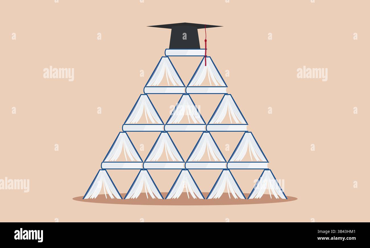 Vector concept illustration of a black doctoral hat on top of a pile of ...