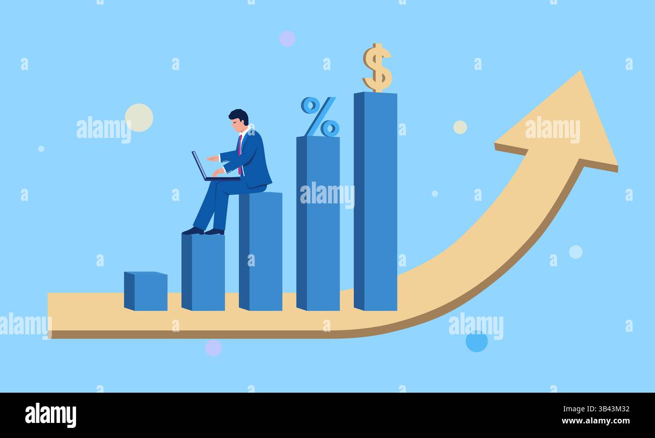Concept illustration of a man sitting on a rising column and working ...