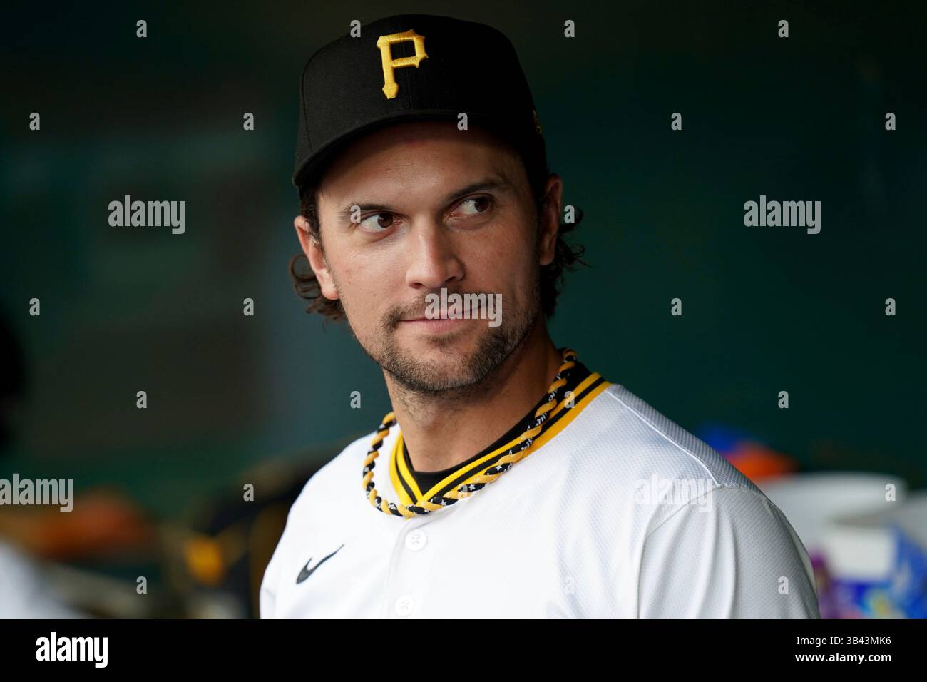 Pittsburgh Pirates' Adam Frazier stands in the dugout before a baseball ...