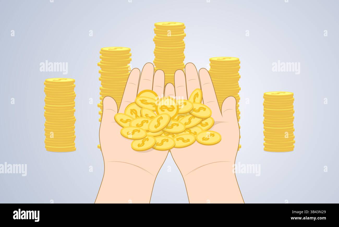 Concept illustration of hands holding many gold coins Stock Vector ...