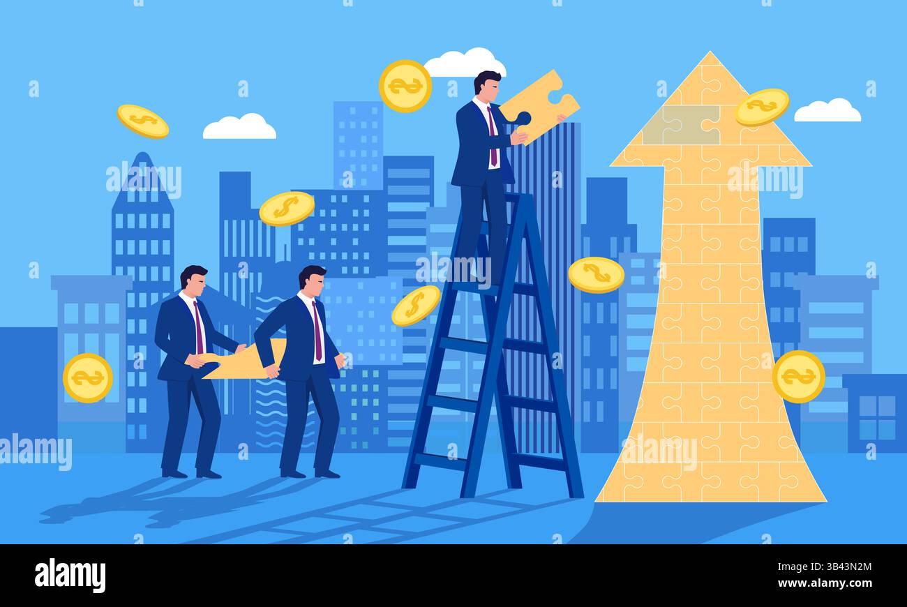 Concept illustration of teamwork building a rising arrow puzzle Stock ...