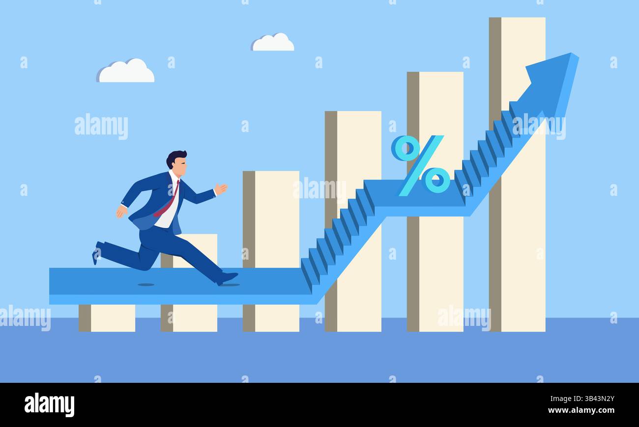 Concept illustration of businessman running fast chasing rising arrow ...