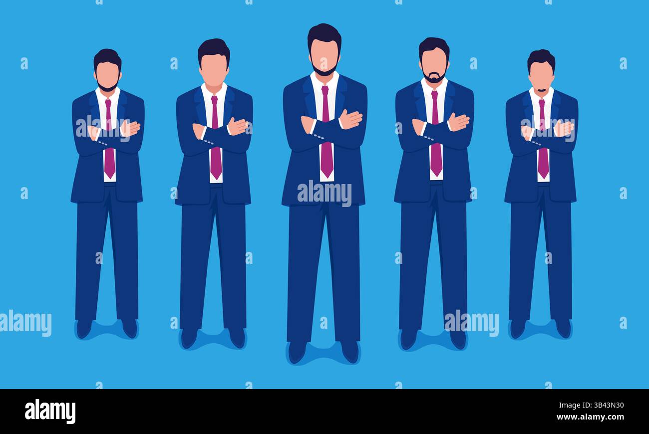 Concept illustration of a row of men standing with their arms folded ...