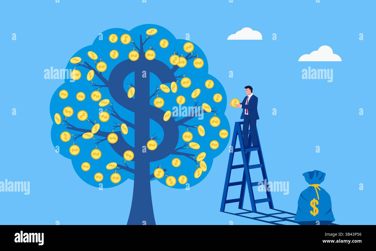 Vector concept illustration of businessman picking fruits from tree ...