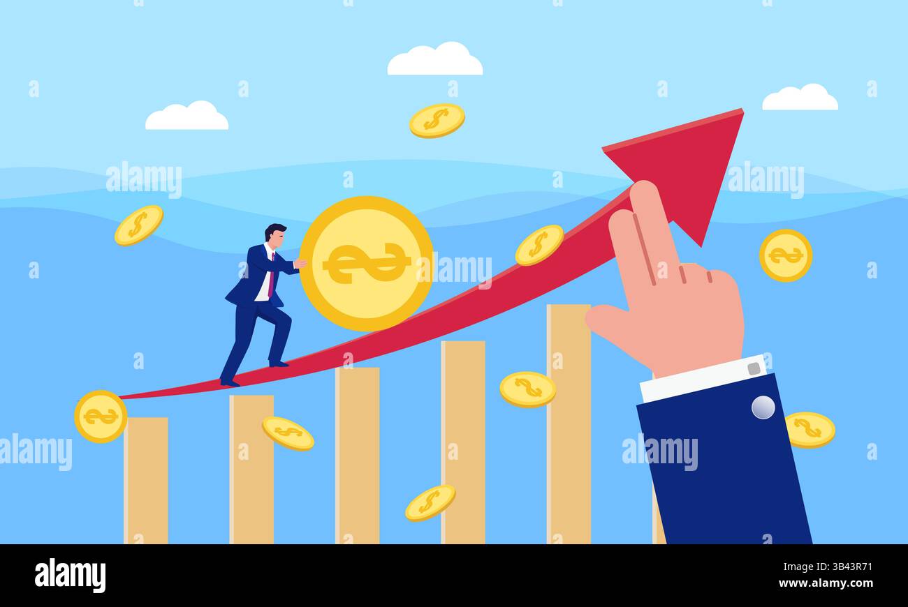 Concept illustration of a business man pushing gold coins upwards to ...