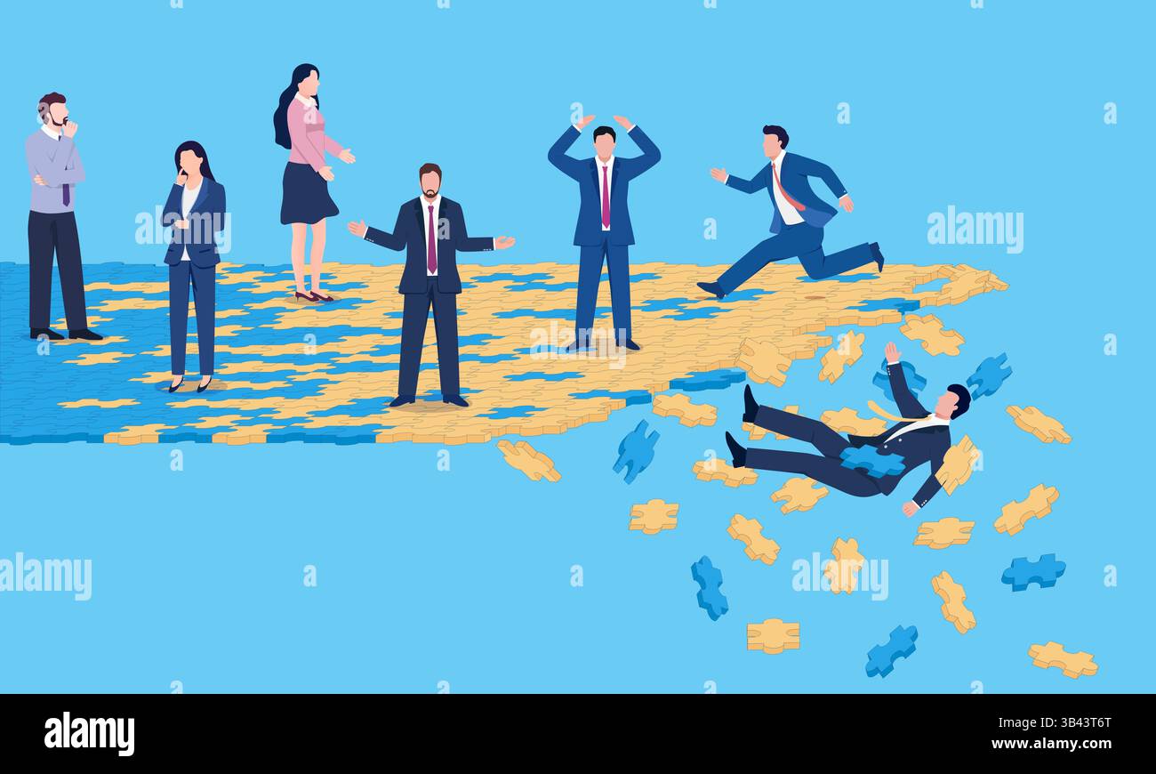 Vector concept illustration of man falling from broken puzzle pieces ...