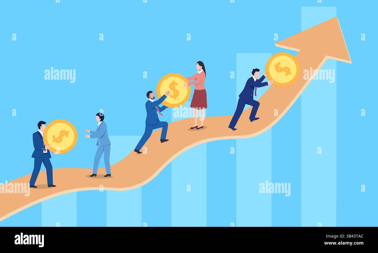 Vector concept illustration of teamwork passing gold coins upwards ...
