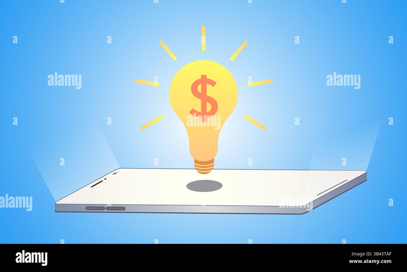 Vector concept illustration of glowing light bulb on mobile phone ...