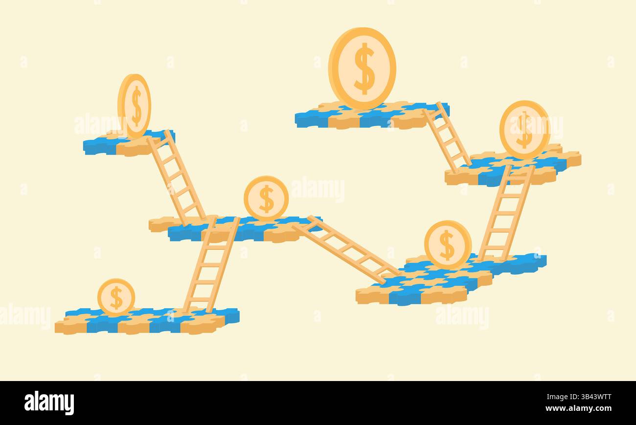 Vector concept illustration of gold coins on puzzle blocks Stock Vector ...