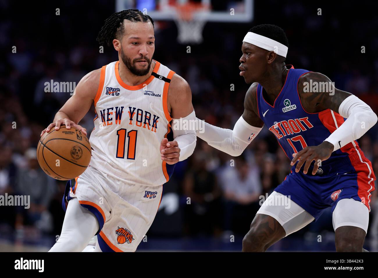 New York Knicks guard Jalen Brunson (11) drives past Detroit Pistons ...