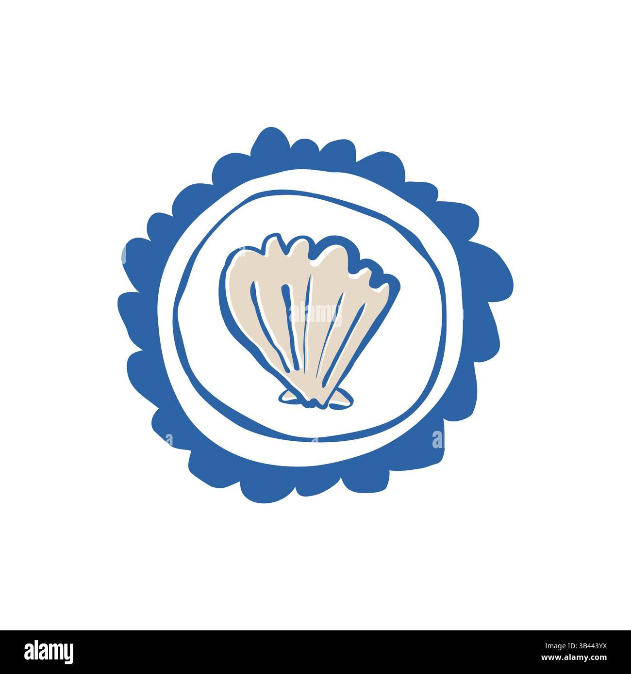 Hand drawn blue doodle frame with shell in the center on white ...