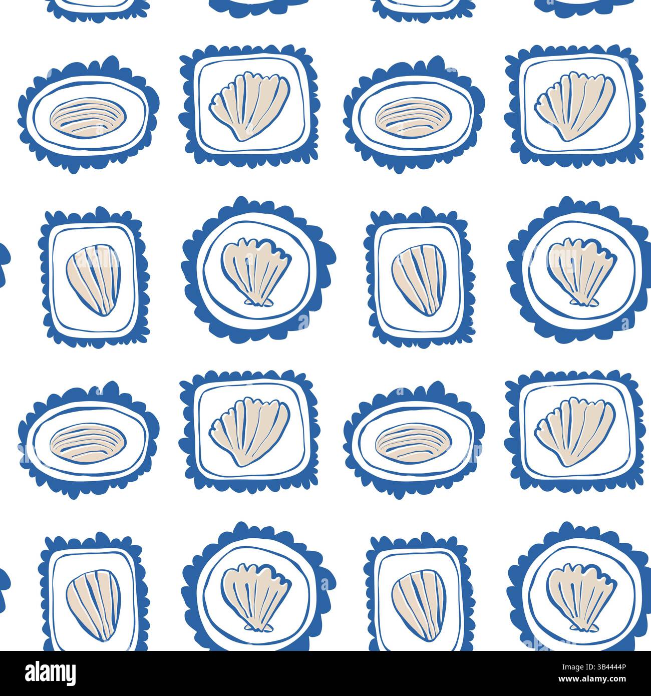 Hand drawn seashell frame on white background marine doodle seamless ...