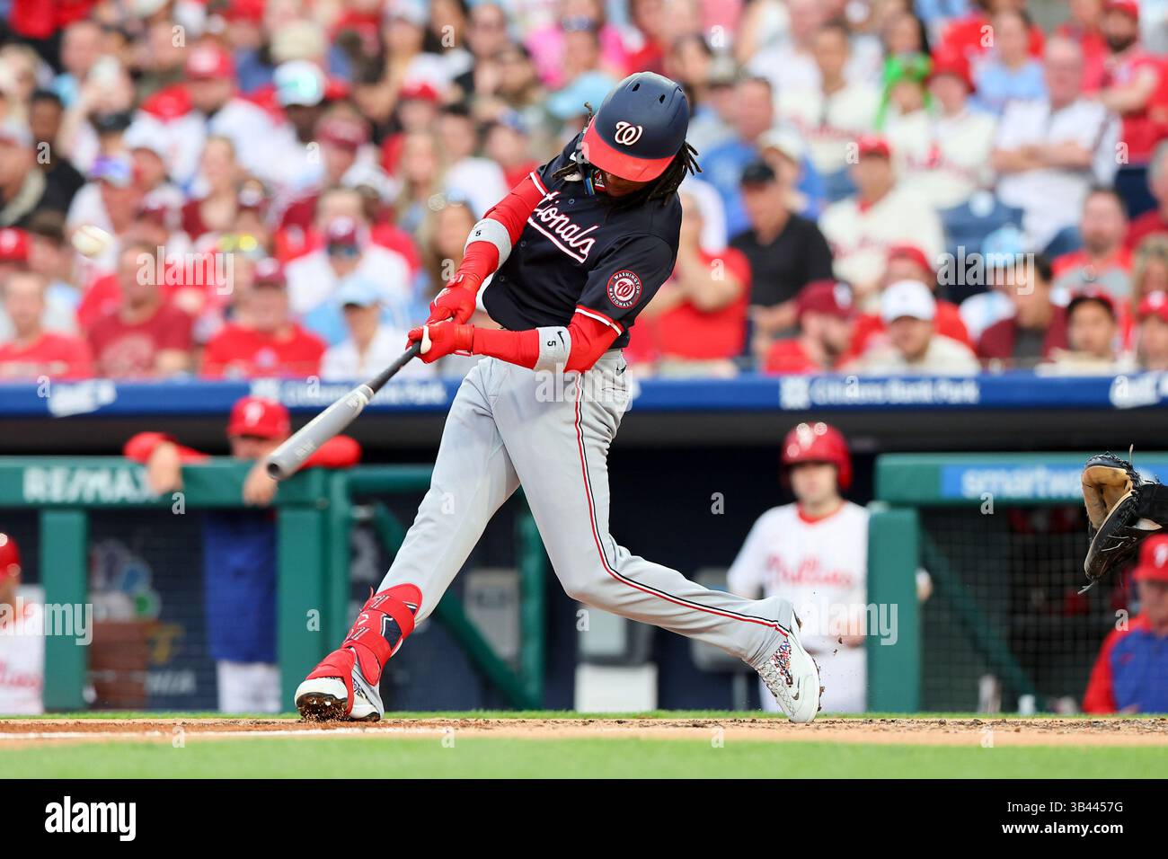 PHILADELPHIA, PA - APRIL 29: CJ Abrams #5 of the Washington Nationals ...