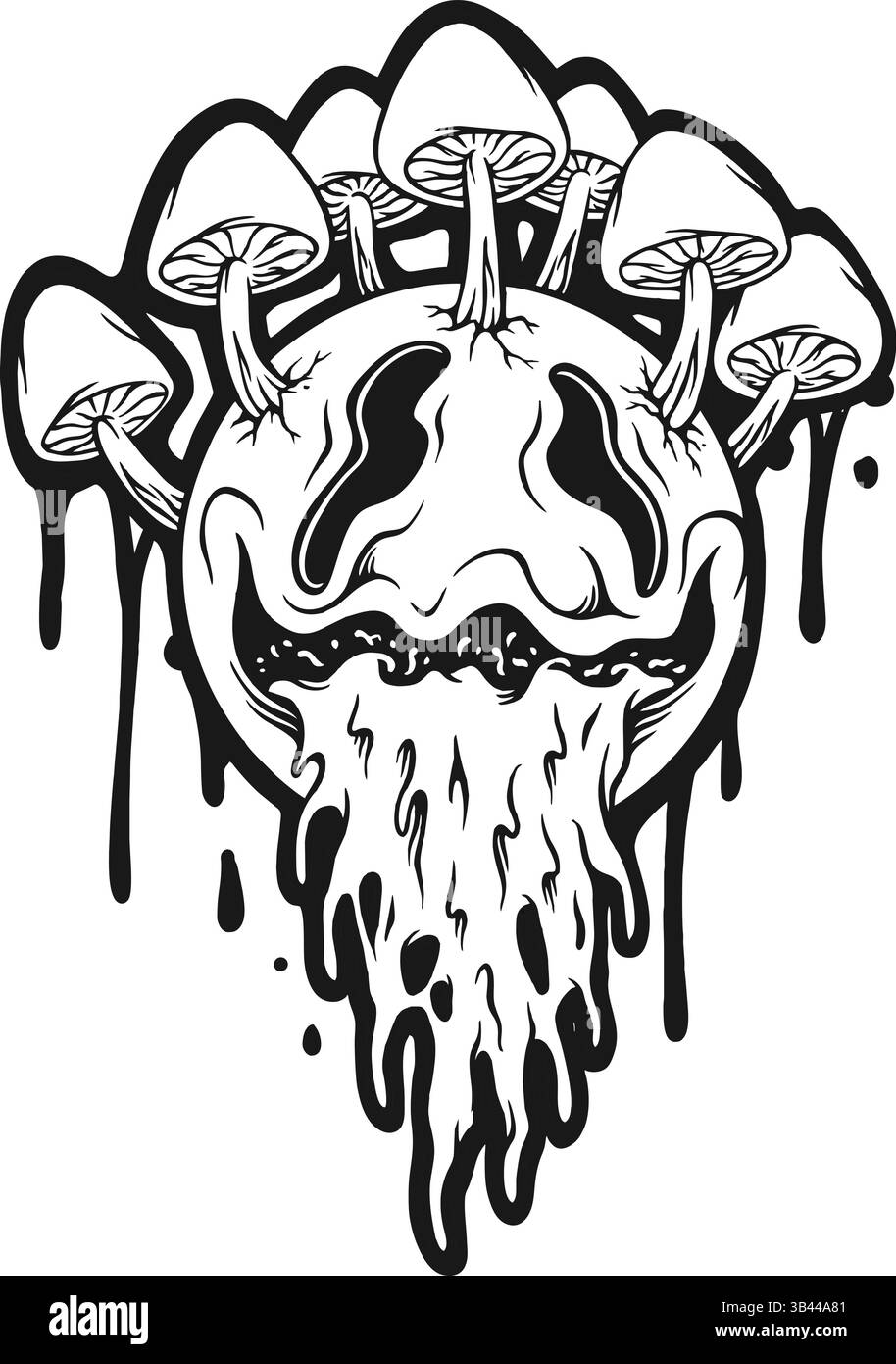 Psychedelic Smiling Face with Mushrooms and Drips Silhouette vector ...