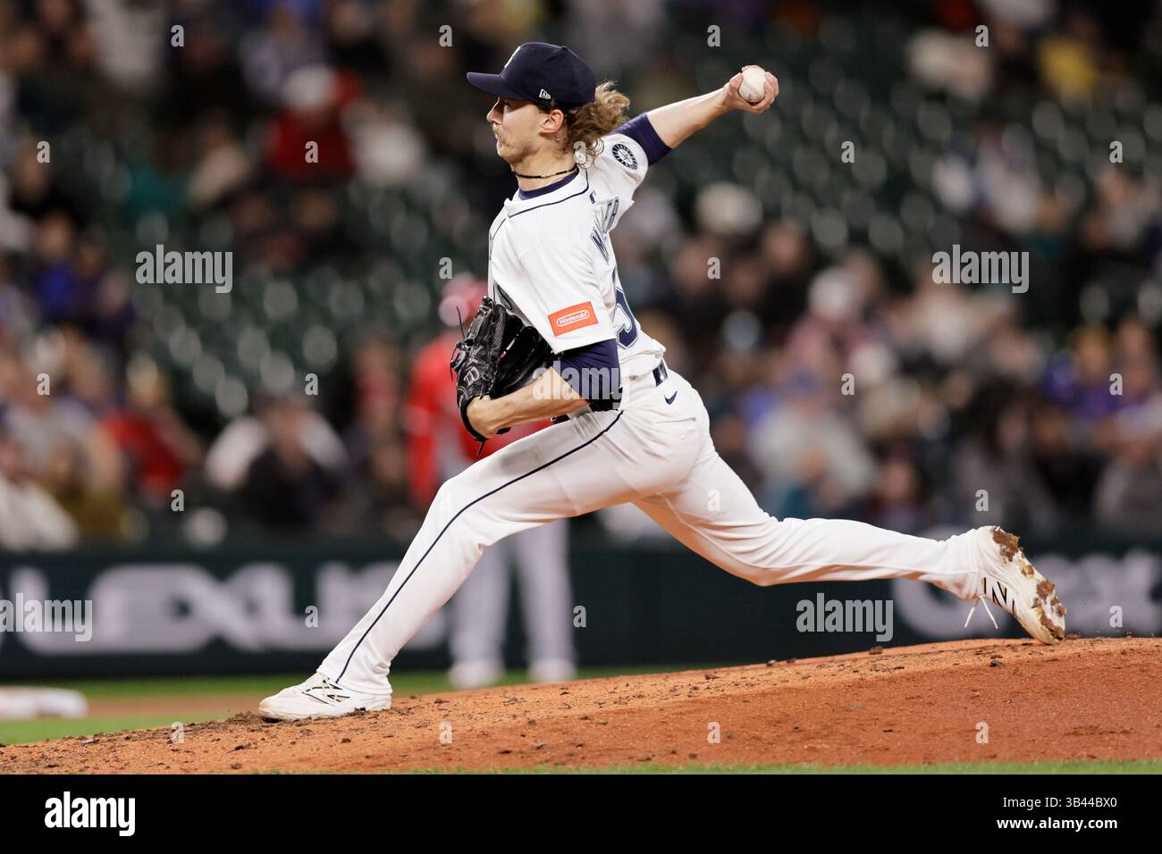 Seattle Mariners starting pitcher Bryce Miller throws against the Los ...