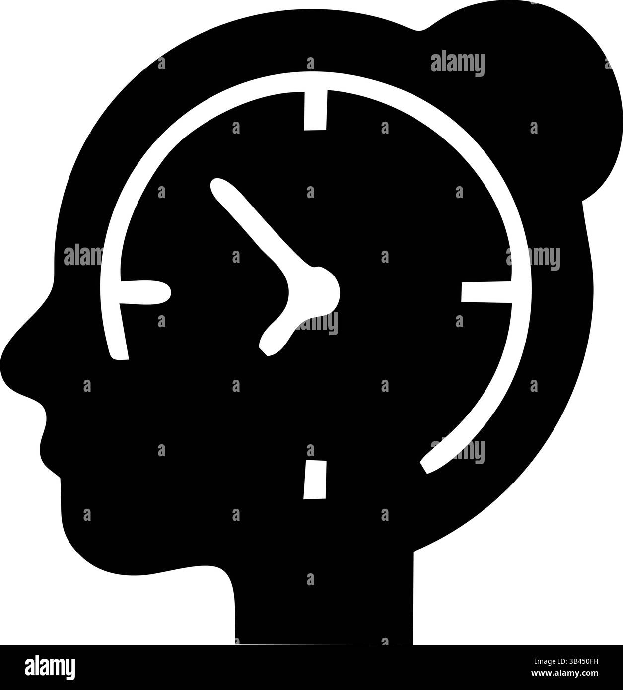 A profile view of a person's head with an analog clock inside ...