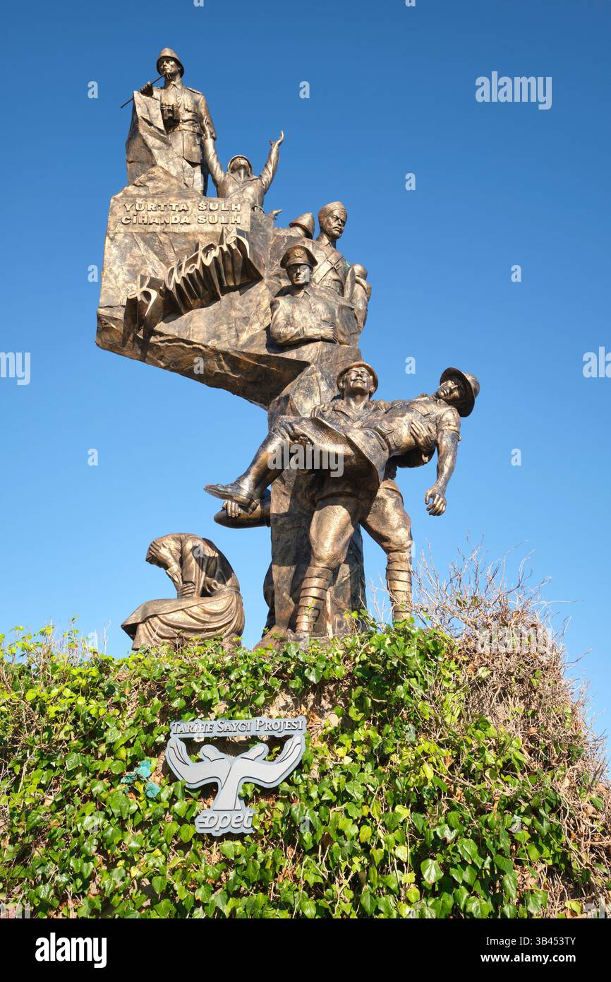 A sculpture with Ataturk and Mehmetcik, showing Turkish honor in aiding ...