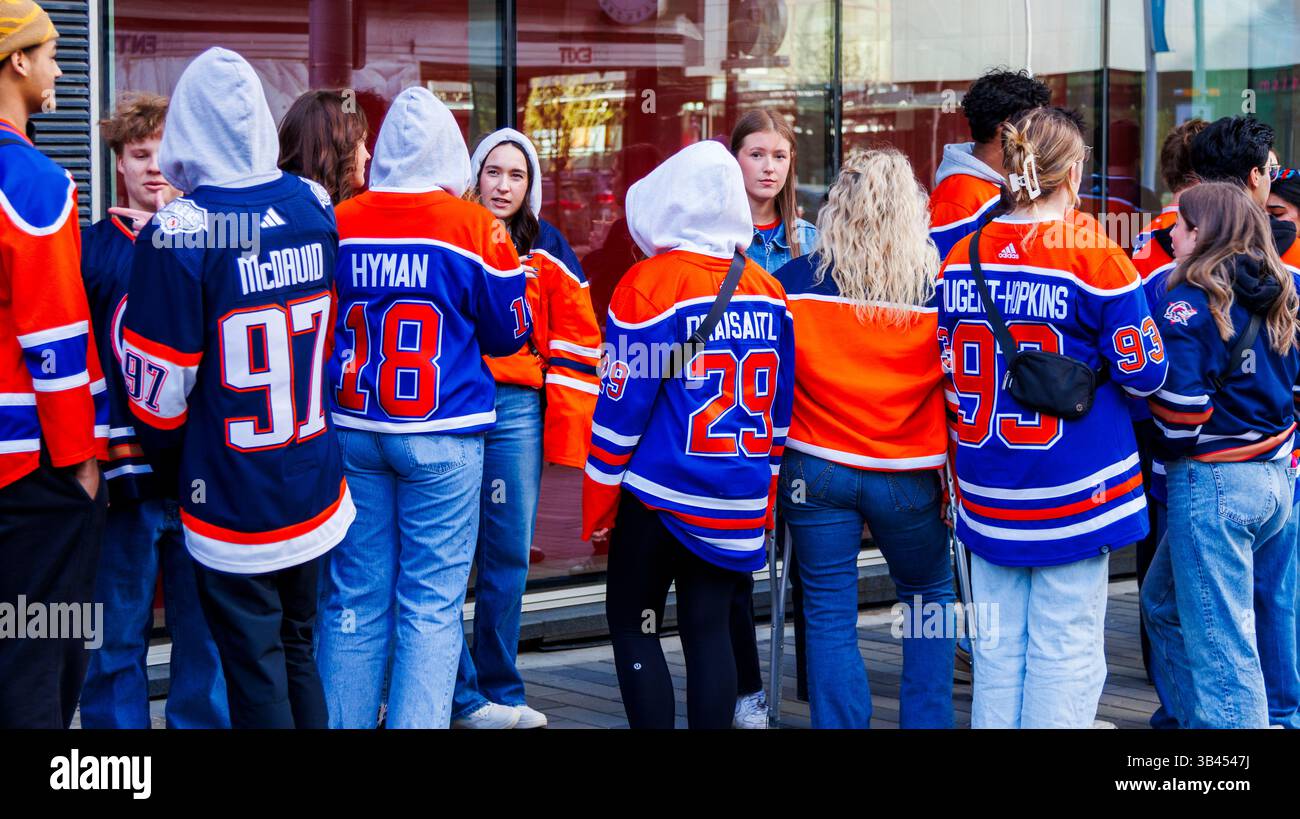 Edmonton, Canada. 29th Apr, 2025. Edmonton Oilers fans wearing the ...