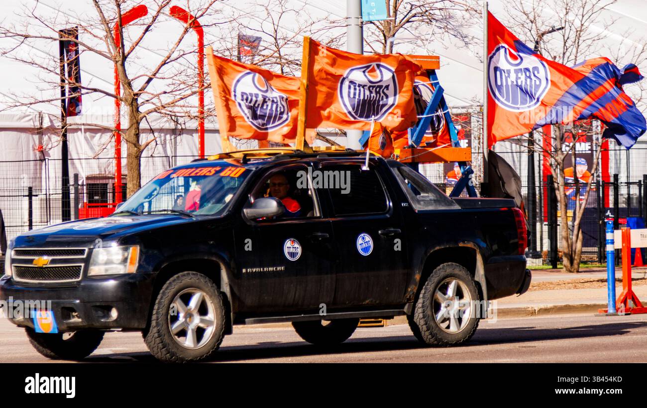 Edmonton, Canada. 29th Apr, 2025. Edmonton Oilers fans show their ...